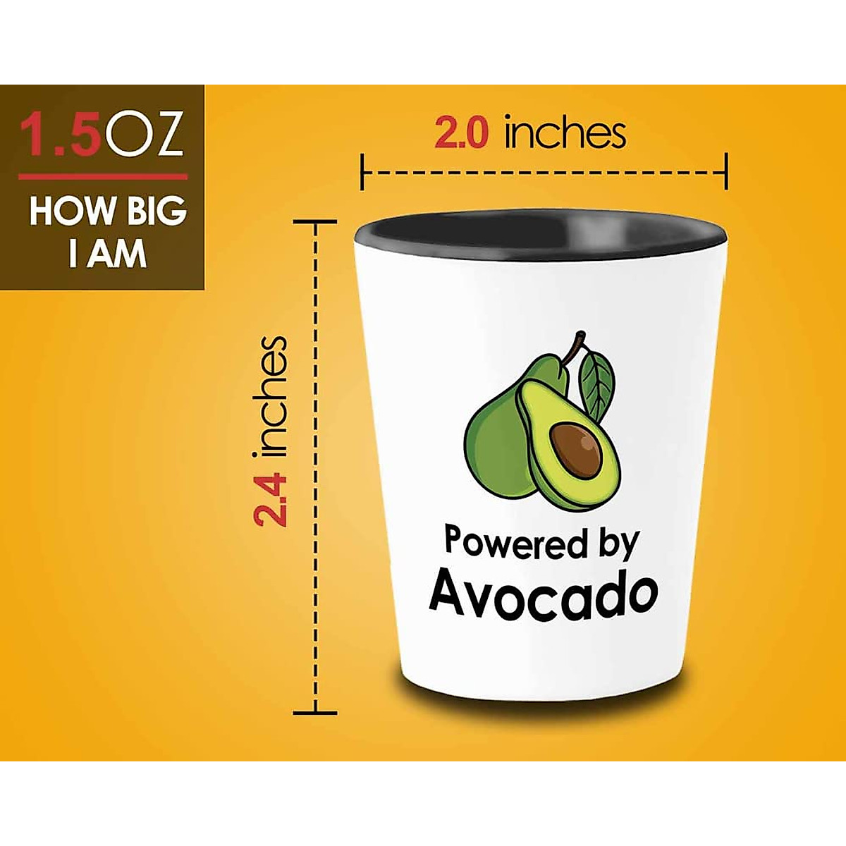 Flairy Land Vegan Shot Glass 1.5oz - Powered by Avocado - Fruitarian Herbivorous Vegetarian Diet Healthy Plant Based Gluten Free Veggie Veganism