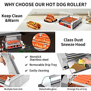 1670W Commercial Hot Dog Rollers,11 Rollers 30 Hotdog Roller Grill,Stainless Steel Hot Dog Machine With Dust Cover,Hot Dog Roller Machine With Dual Temp Control And Led Light/Detachable Drip Tray