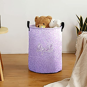 Light Glitter Purple Personalized Waterproof Foldable Laundry Basket Bag with Handle, Custom Collapsible Clothes Hamper Storage Bin for Toys Laundry Dorm Travel Bathroom