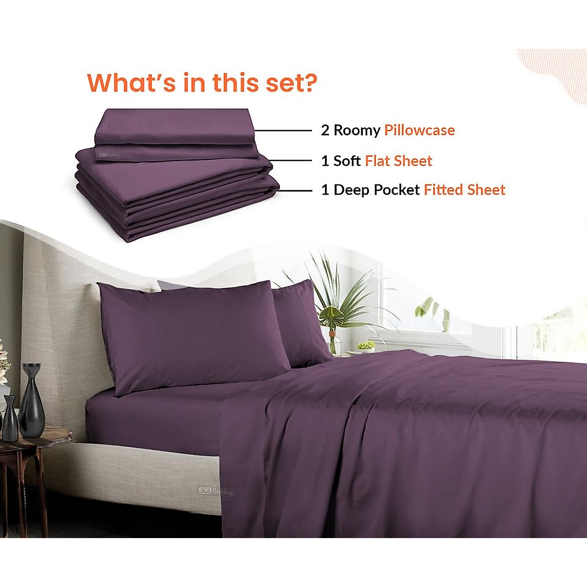 SGI Full Size Plum Soft Luxury Microfiber 4 Piece Sheet Set- Fitted Sheet Flat Sheet 2 Pillowcase Easy Care, Super Soft & Breathable Cool 15" Deep Pocket Fade Wrinkle Stain Resistant Bedding