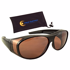 Ideal Eyewear Sun Shield Blue Blocking Fit Over Sunglasses HD Copper Lenses - Wear Over Glasses - Wrap Around (Black Frame, Large)