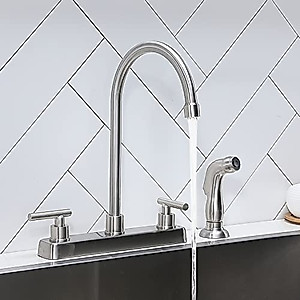 Hotis 4 Hole Kitchen Faucet, Brushed Nickel 2 Handle Kitchen Faucet with Side Sprayer, Rv 3 Hold Kitchen Sink Faucet, Stainless Steel High Arc 360 Swivel Kitchen Faucet Pull Out Side Sprayer