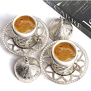 Küchengeräte Turkish Greek Arabic Moroccan Coffee Cup - Set of 2 - Espresso Cup with Inner Porcelain Metal Holder Plate and Lid - 2 Cups Consists of 8 Pcs - Best Gift Idea