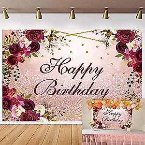 Rose Gold Flower Birthday Backdrop Spring Watercolor Pink Floral Rose Gold Glitter Spots Background Adults Women Sweet Girl Birthday Party Dessert Cake Table Decoration 7x5FT