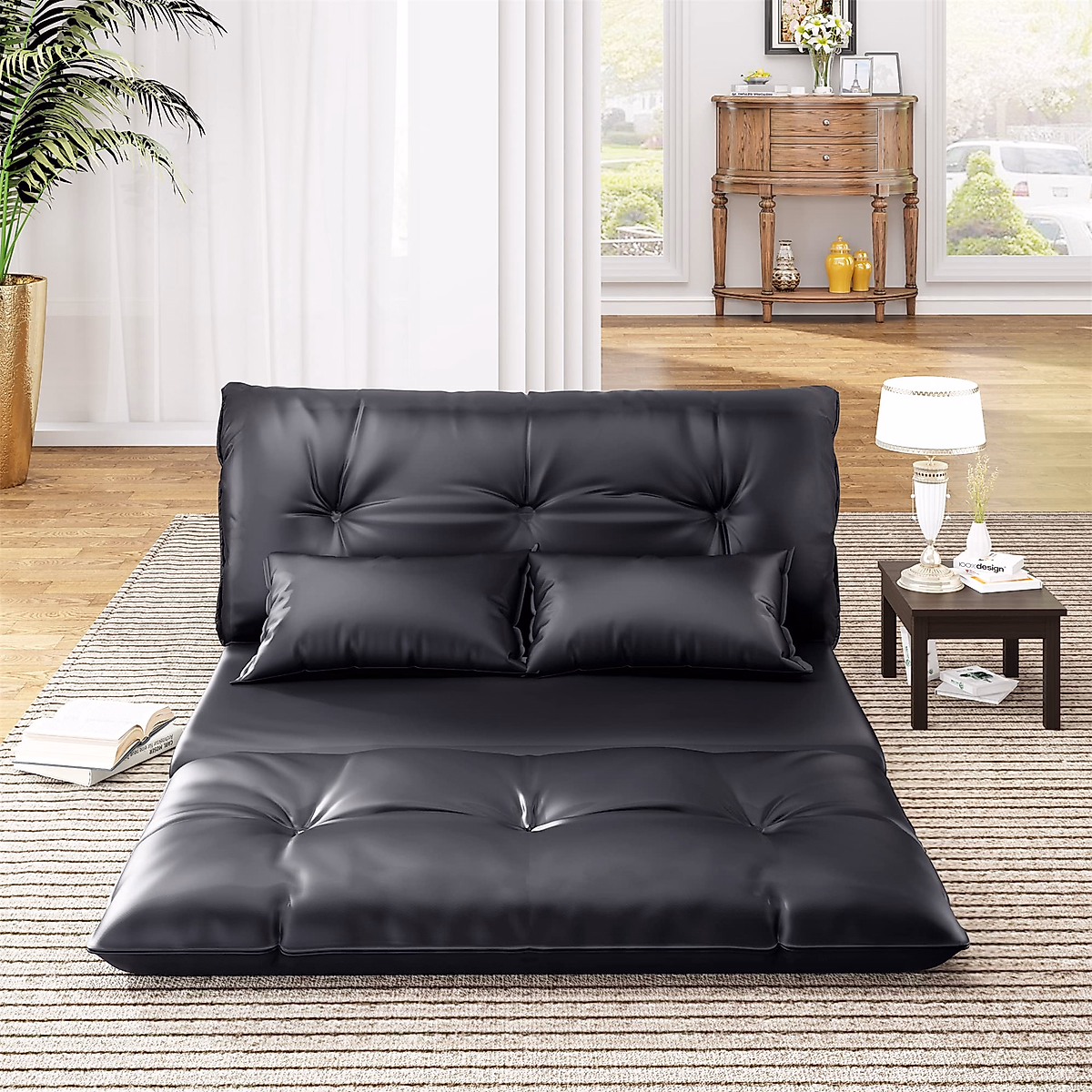 Floor Sofa Bed Foldable Floor Couch Sleeper Sofa Bed 5-Position Lounge Bed Floor Lazy Sofa Folding Floor Couch with 2 Pillows (Black)