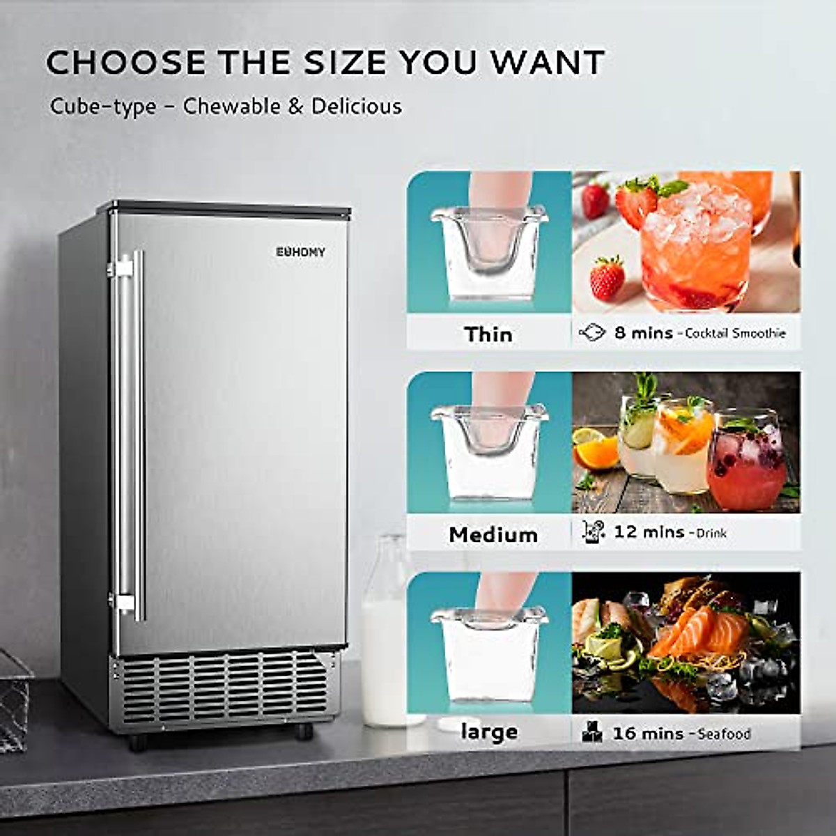 EUHOMY Commercial Under Counter Ice Maker Machine, 80 Lbs/Day Auto-Cleaning & 24H Timer, Stainless Steel Built-in Freestanding Ice Maker, 24 Lbs Storage, Perfect for Commercial & Home Use