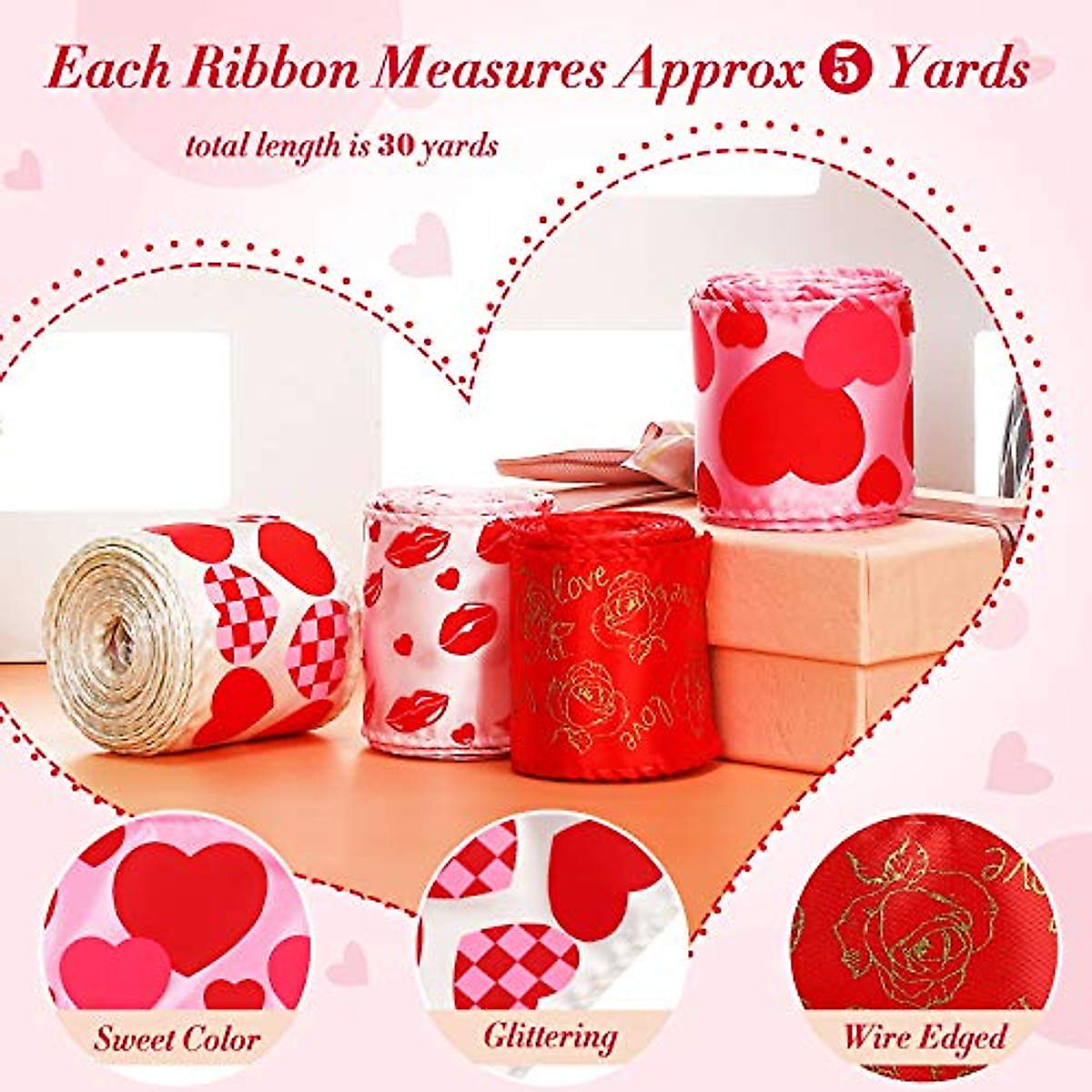 Valentine Wired Edge Ribbon, Hearts Patterned Ribbon, Heart Pattern Ribbon for Wrapping Wreath Flowers Bows, 2.5 Inch x 20 Yards in All (Light-Color Style)