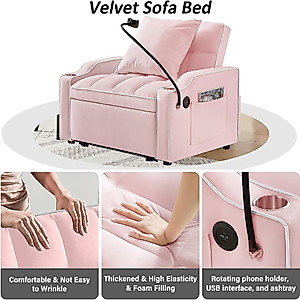 anwickjeff 3-in-1 Sofa Bed, Convertible Sleeper Chair Sofa Bed Adjustable Pull Out Sleeper Chair Bed Multi-Pockets Folding Sofa Bed for Living Room Bedroom Small Space (Pink)