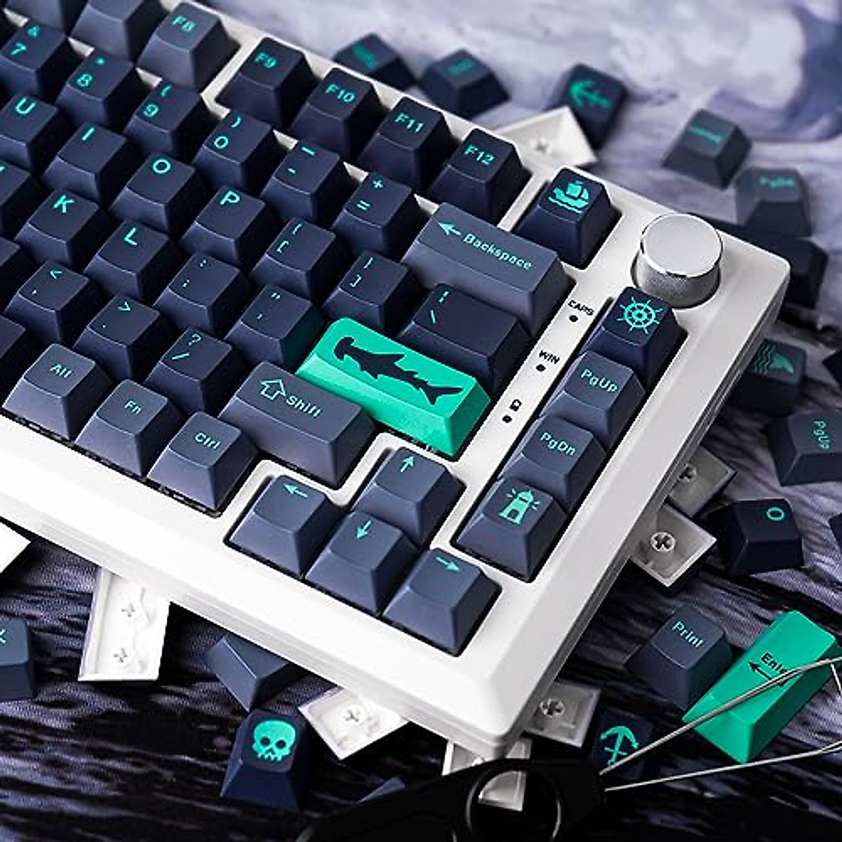 GEKUCAP Custom Keycaps, 129 Keys Dark Blue Keycaps, Dye Sublimation PBT Key Caps, Cherry Profile Keycaps Hammerhead Shark English Set for Cherry MX Gateron Kailh Switches Mechanical Keyboards