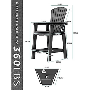 KINGYES Balcony Chair Tall Adirondack Chair Set of 2 Outdoor Adirondack Barstools with Connecting Tray - Patio Stools Weather Resistant for Deck Balcony Pool Backyard, Gray