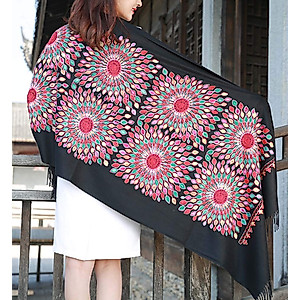 Urban CoCo Women's Embroidered Oversize Tassel Shawl Scarf Wraps for Women (Black)