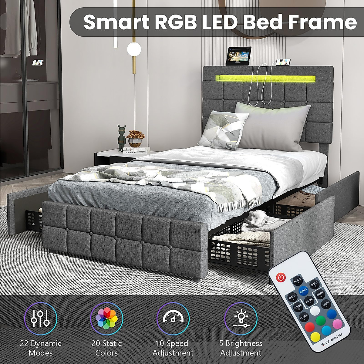 KOMFOTT Twin Bed Frame with Charging Station & LED Lights, Upholstered Platform Bed Frame with Adjustable Headboard & 4 Storage Drawers, Solid Wooden Slats Support, No Box Spring Needed, Noise Free