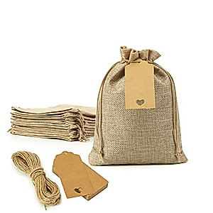 FOCCIUP 10 Pcs 5" x 7" Burlap Gift Bags with Drawstring Gift Bags for Wedding Party Jewelry Craft Packing with Tags
