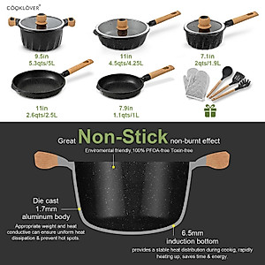Nonstick Cookware Set Non Toxic 100% PFOA Free Compatible Induction Pots and Pans Sets with Glass Lid 13 Piece (Marble Black)