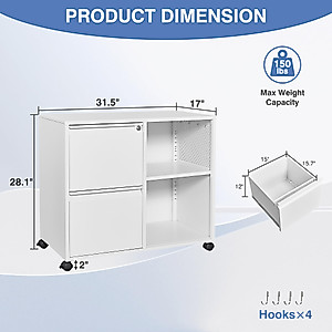 LISSIMO Metal File Cabinet,Lockable Lateral Filing Cabinet for Letter/A4 Size Files,Rolling Printer Stand with Adjustable Shelf & Lockable Wheelss for Home Office(White)