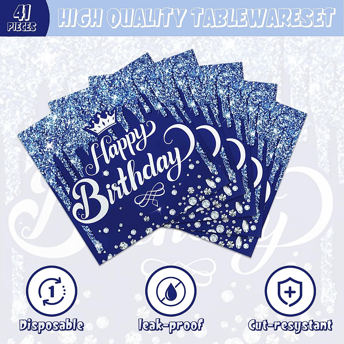 41pcs Navy Blue and Silver Party Supplies ,include 20 Plates, 20 Napkin and 1pcs Tablecloth,Used for Navy Blue and Silver Birthday Party Decoration (BBB)