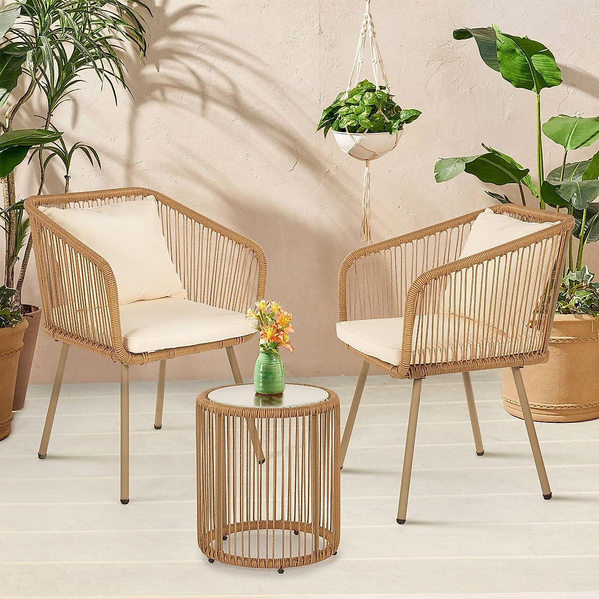 3 Piece Patio Furniture Set with Cushions Lumbar Pillows Outdoor PE Rattan Bistro Furniture Set Patio Rattan Conversation Set Glass Coffee Table Top and 2 Chairs for Patio Garden Porch , White