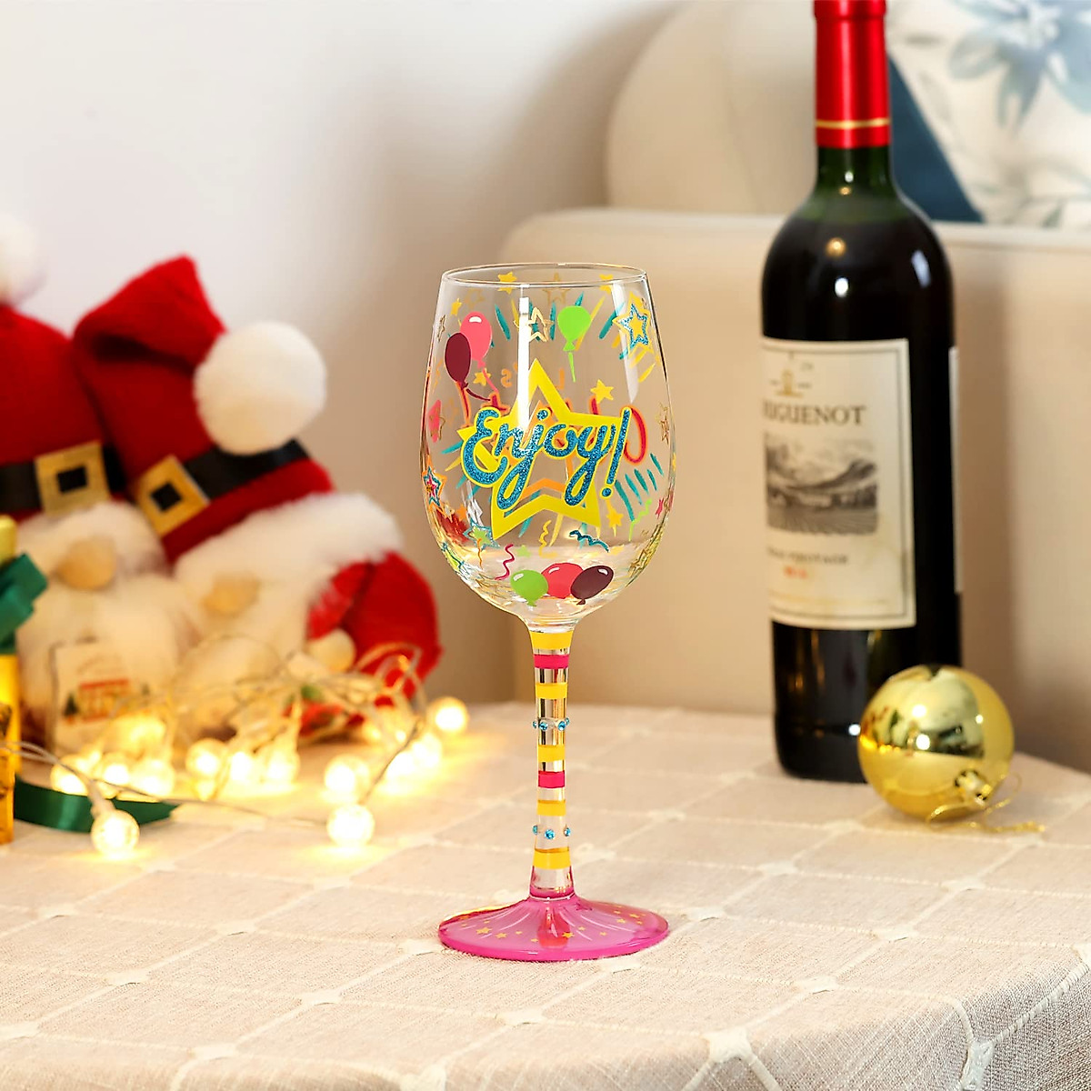 NymphFable Hand Painted Birthday Wine Glass Let‘s Celebrate Birthday Party Decorative Wine Glasses Birthday Gift for Women, 15oz