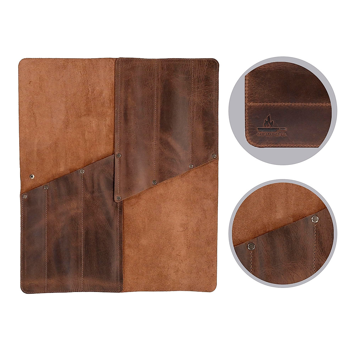Cast Leather Co., Rectangular Knife Roll with 6 Slots, Portable Knife Organizer Case, Travel Bag, Cooking Accessory, Full Grain Leather, Handmade, Bourbon Brown