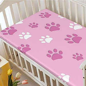 Dog Paws Themed Fitted Crib Sheet,Standard Crib Mattress Fitted Sheet Soft Toddler Mattress Sheet Fitted -Crib Mattress Sheet or Toddler Bed Sheet,52“ x28“,Baby Pink Pink and White