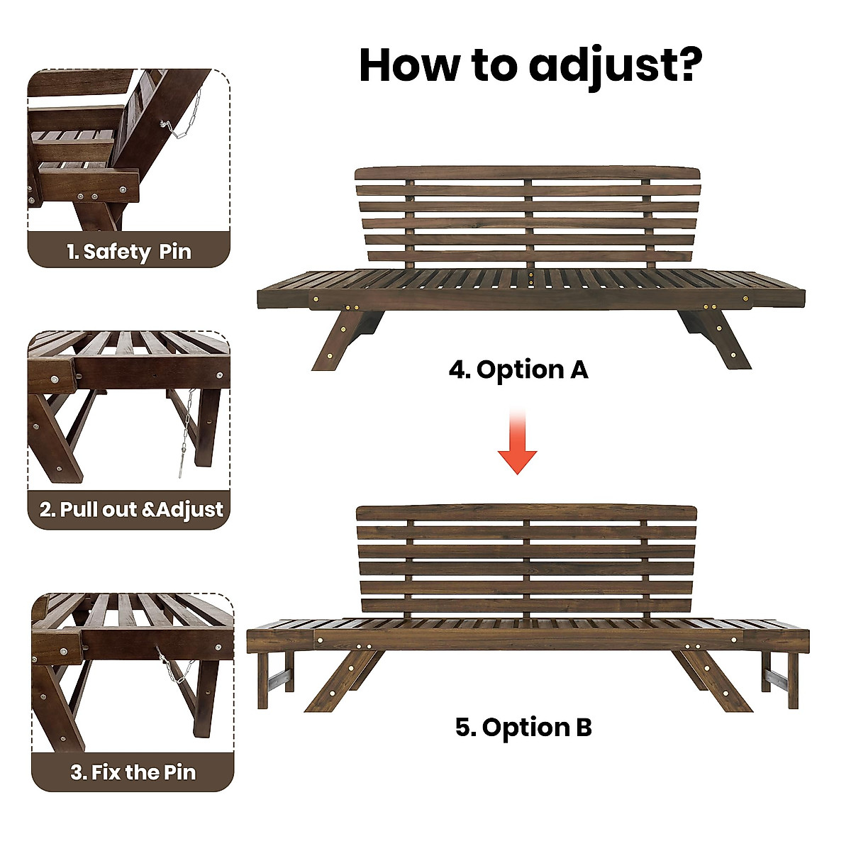 LUMISOL Outdoor Daybed, Convertible Chaise Lounge with Cushions, Adjustable Patio Wooden Furniture Sofa for Patio Balcony Porch Courtyard Poolside, Brown Finish+Gray Cushion