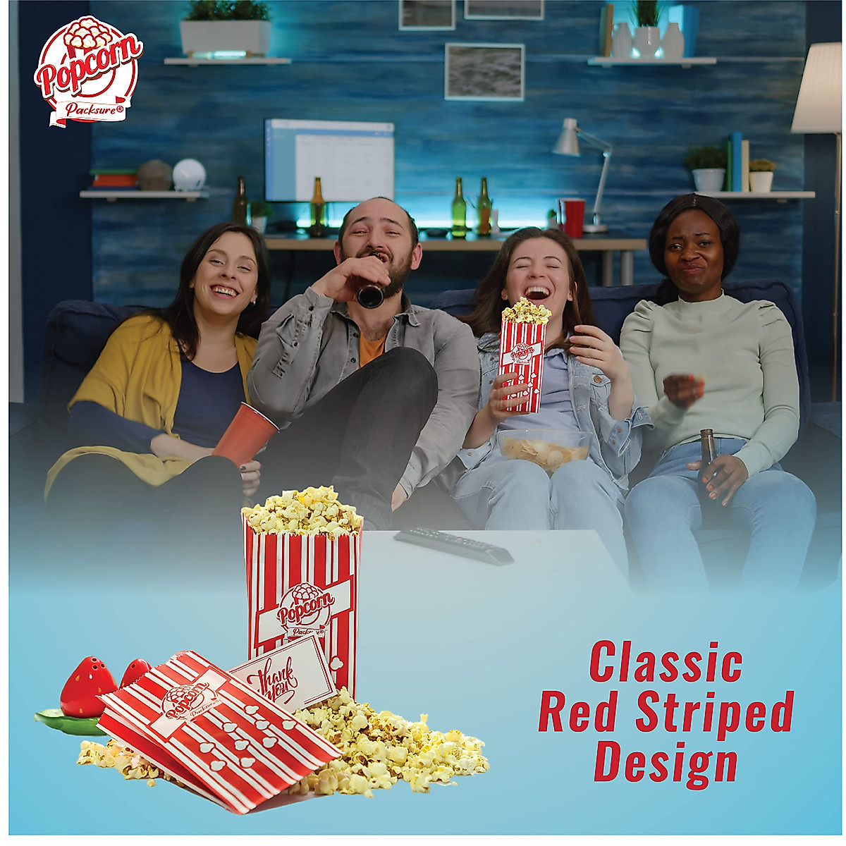 Packsure Popcorn Bags 100pcs, Red & White - 1 oz Thick & Premium 45 GSM Greaseproof Paper with Ziplock Packaging - Perfect Popcorn Bags for Party for Movie Theater & Carnivals (3.5 x 2 x 8 inches)