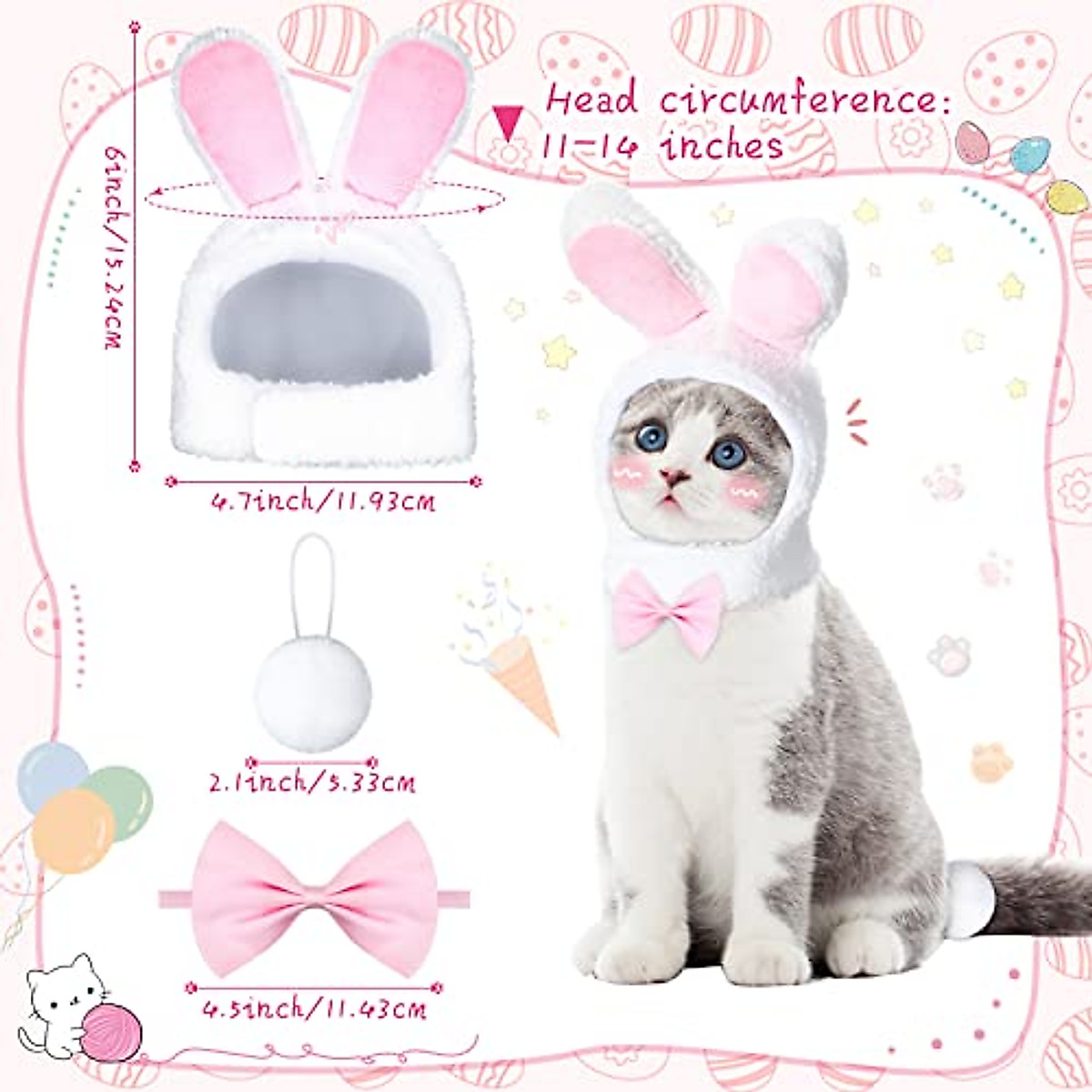 4 Pcs Bunny Costume Set Bunny Rabbit Hat with Ear Bunny Ears Pet Headband Lace Tutu Skirt with Bunny Ears Tail and Bow for Easter Cats Small Dogs Party Costume Accessory