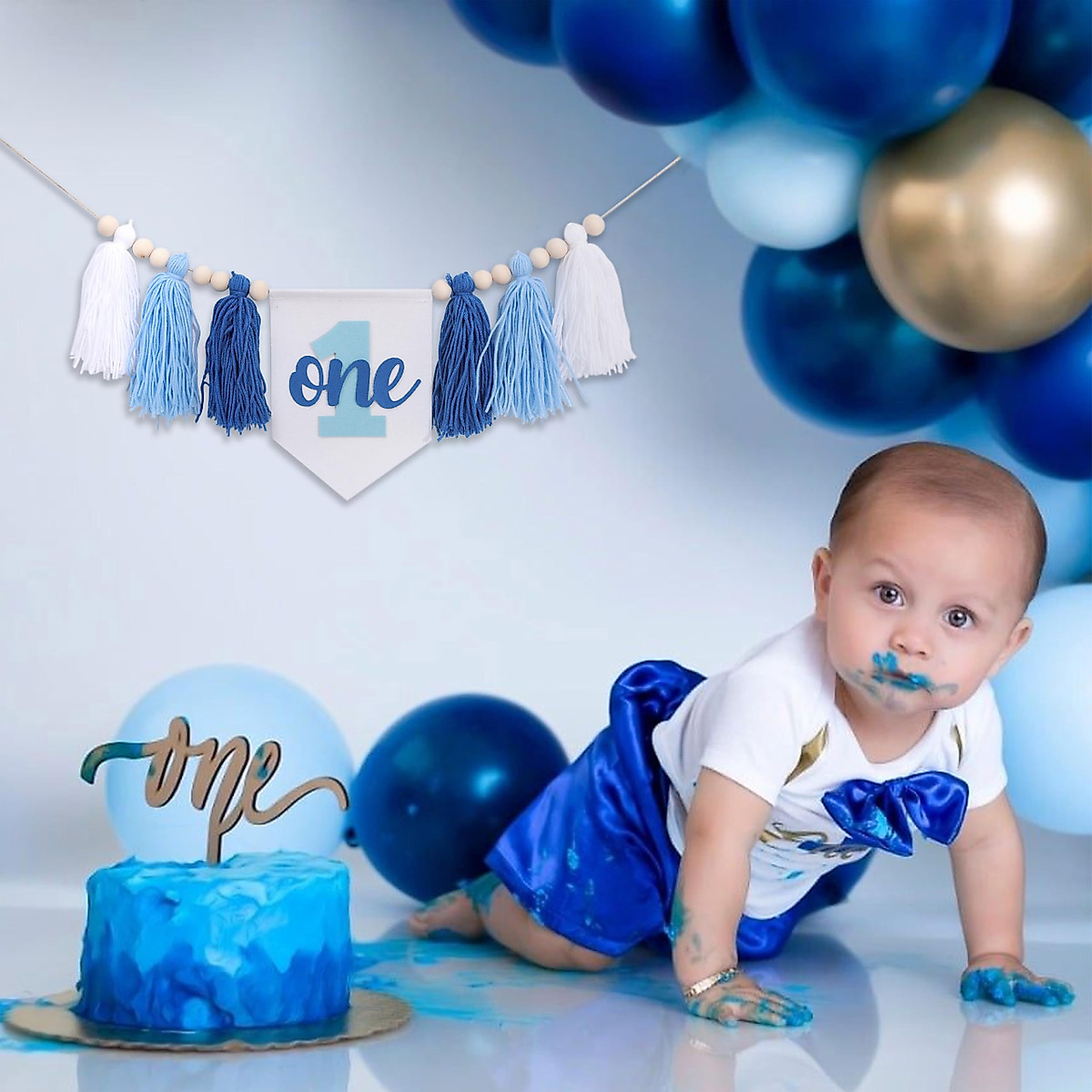 Blue Tassel 1st Birthday High Chair Banner - First Birthday Decorations For Boys,Cake Smash Party Highchair Banner,Yarn Tassel One Birthday Banner,Blue Yarn Tassel Garland Photo Prop