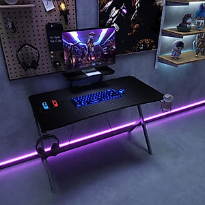 DEILALY 45IN Gaming Desk Gamer Table Carbon Fiber Surface Computer Table Gamer Desk with Monitor Shelf Office Home Study Desk Work PC Table Steel Legs Corner Desk Black