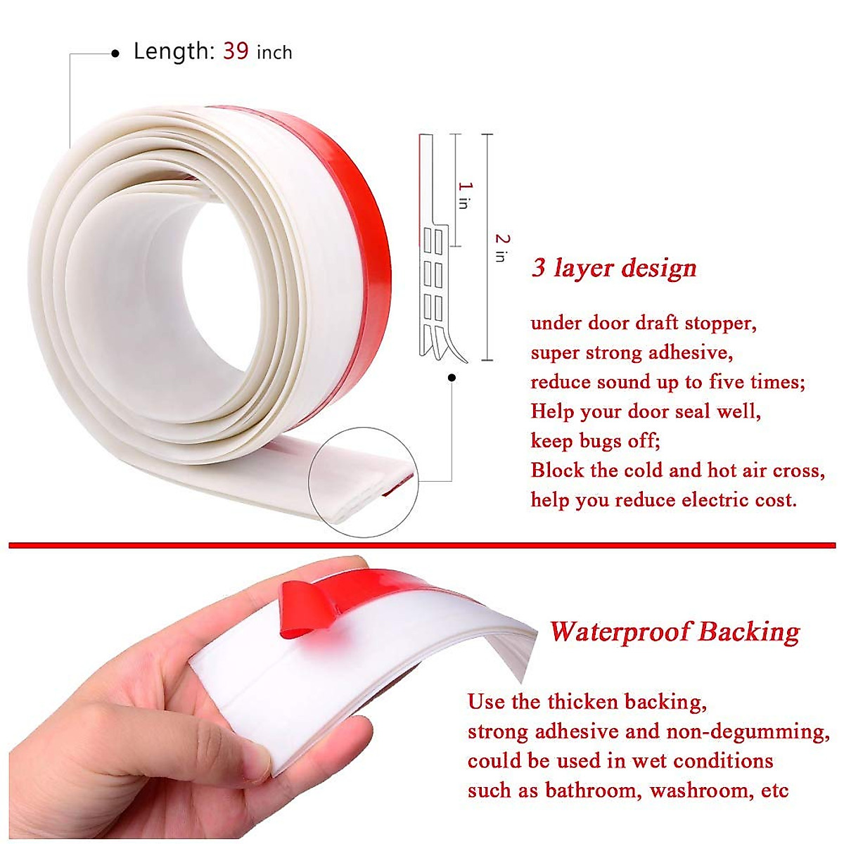 [2Pack Large Door Sweep] Huge Gap Door Draft Stopper, 3-2/5"W x 39" L Door Bottom Seal with Wider Strong Adhesive for Interior/Exterior Doors - Guard Against Drafts, Dust, Noise and Animals-White