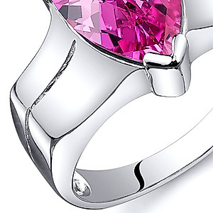 PEORA Created Pink Sapphire Ring in Sterling Silver, Cathedral Solitaire Pear Shape, 3.75 Carats 12x8mm, Comfort Fit, Size 7