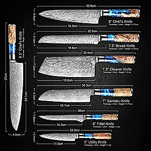 SENKEN 7-Piece Damascus Kitchen Knife Set - Tsunami Collection - 67-Layer Japanese VG10 Steel - Chef's Knife, Cleaver Knife, Bread Knife, Santoku Knife, Boning Knife, & More, Luxury Gift Box