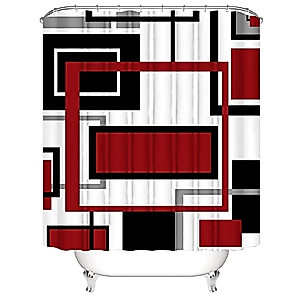 Yddsky 4 Pcs Red Geometric Shower Curtain Sets Non-Slip Rugs Bath Mat, Toilet Cover, U-Shaped Mat, Abstract Geometric Modern Shower Curtain with 12 Hooks, Black and Red Bathroom Set