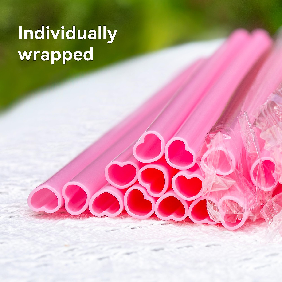 Prurex 50pcs Pink HeartShaped Straws,Individually Wrapped Disposable Drinking Straws for Valentines day/Wedding/Birthday Party/Cocktail Supplies