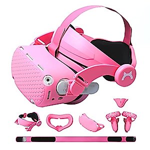 MODJUEGO VR Adjustable Head Strap for Oculus Quest 2 Accessories with Silicone Touch Controller Grip Cover,Barbie Pink 6 in1 VR Shell Protector Cover & VR Face Cover Replacement Set