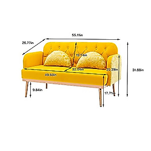 Lin-Utrend 55" Yellow Small Velvet Loveseat Couch with Elegant Moon Shape Pillows, 2-Seater Upholstered Modern Sofas Accent Loveseat Sofa Couch Small Space for Living Room Apartments