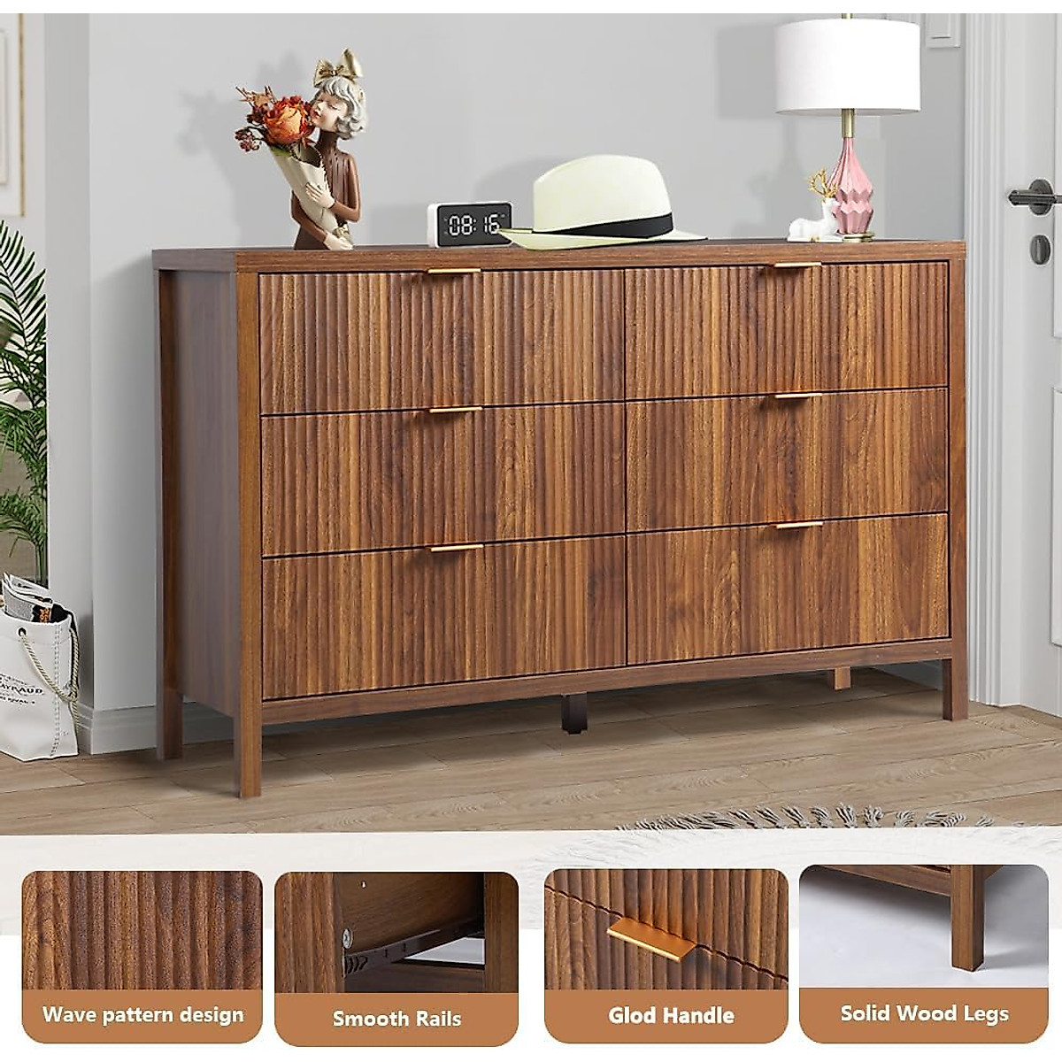 affeivul Mid Century Modern Dresser TV Stand, 6 Drawer Dresser for Bedroom Wood, Farmhouse Boho Storage Cabinet Side Table with Solid Natural Wood Legs, Long Wooden Dresser for Closet (Walnut)
