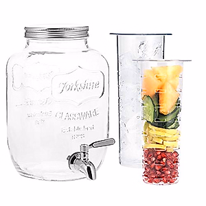 Navaris Beverage Dispenser with Spigot - 1 Gallon (4 L) Glass Drink Jar with Fruit Infuser and Ice Insert - for Cold Drinks, Water, Parties