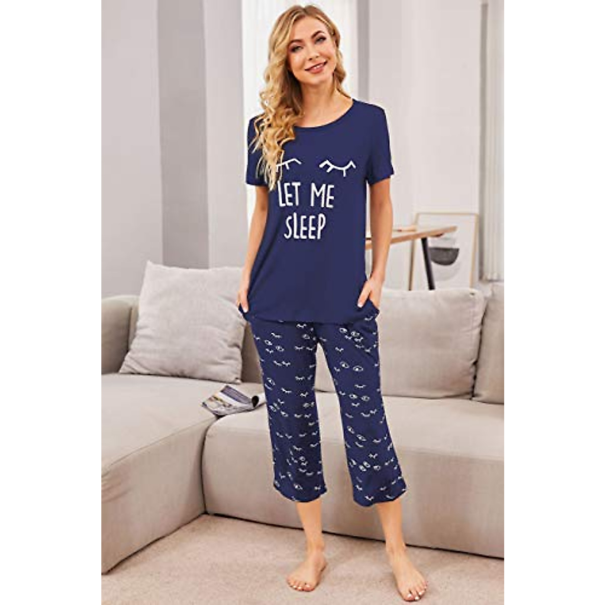 MAXMODA Women's Short Sleeve Capris Pajama Set Sleepwear Pj for Teen Girl Navy Blue L