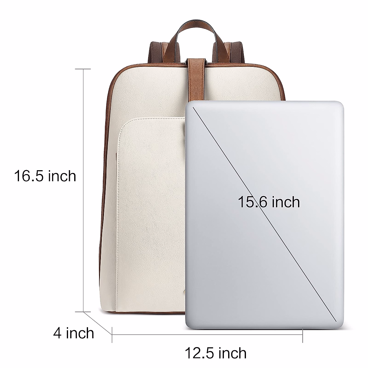 CLUCI Leather 15.6 inch Laptop Backpack Purse for Women Stylish Laptop Bag Work Computer Backpack College Bookbag Off-white with brown