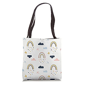 Rainbow Pattern in Pink Blue & Navy on Cream White AEV084 Tote Bag