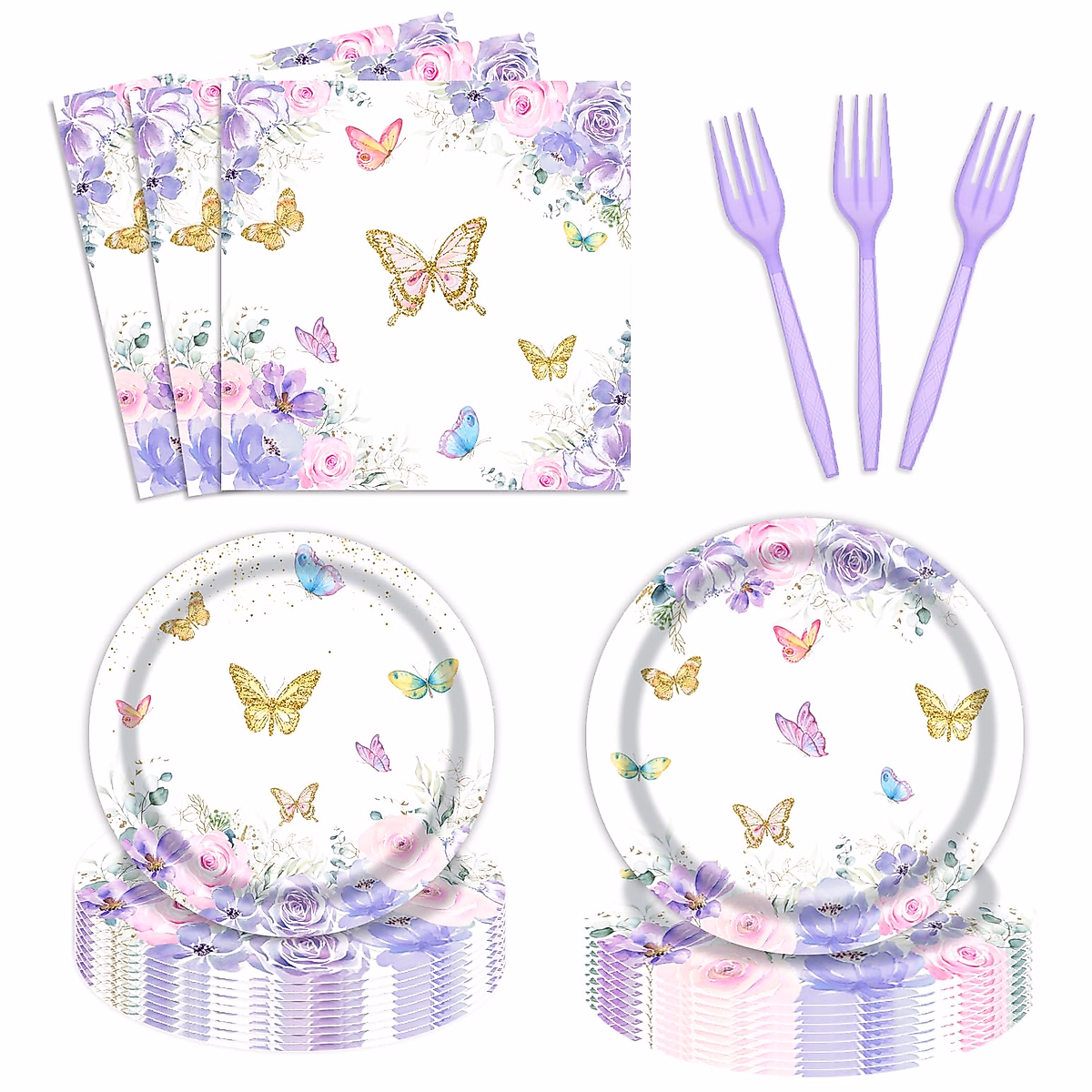 96 Pieces Butterfly Party Favors Decorations Tableware Set 24 Guests Girl Baby Shower Birthday Party Supplies Spring Butterfly Floral Party Dessert Plates Napkin Birthday Party Supplies