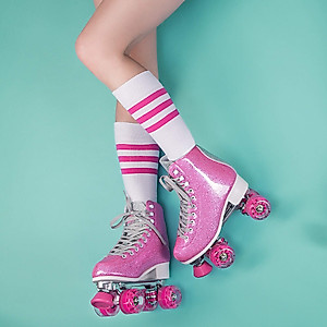 C SEVEN Sparkly Retro Quad Roller Skates (Glitter Pink, Women's 7 / Youth 6 / Men's 6)