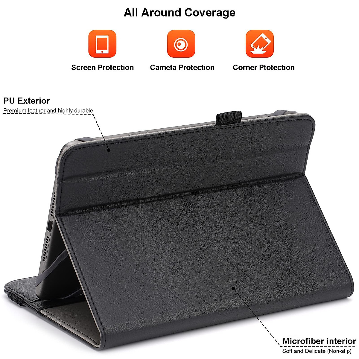 WANLIJIN Universal Tablet Case, Protective Cover Stand Folio Case for 7-8 Inch Android Touchscreen Tablet, with 360 Degree Rotatable Kickstand and Multiple Viewing Angles (Black Grey)