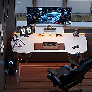 MOTPK White Gaming Desk with LED Lights, Gaming Table Desk 47 inch Z Shaped, Gamer Desk Ergonomic Sturdy, Kids Computer Desk with Monitor Stand Cup Holder and Headphone Hook, Black, Gift Idea