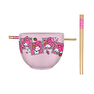Silver Buffalo Sanrio Hello Kitty and Friends Ceramic Ramen Bowl with Chopsticks Featuring My Melody, 20 Ounces
