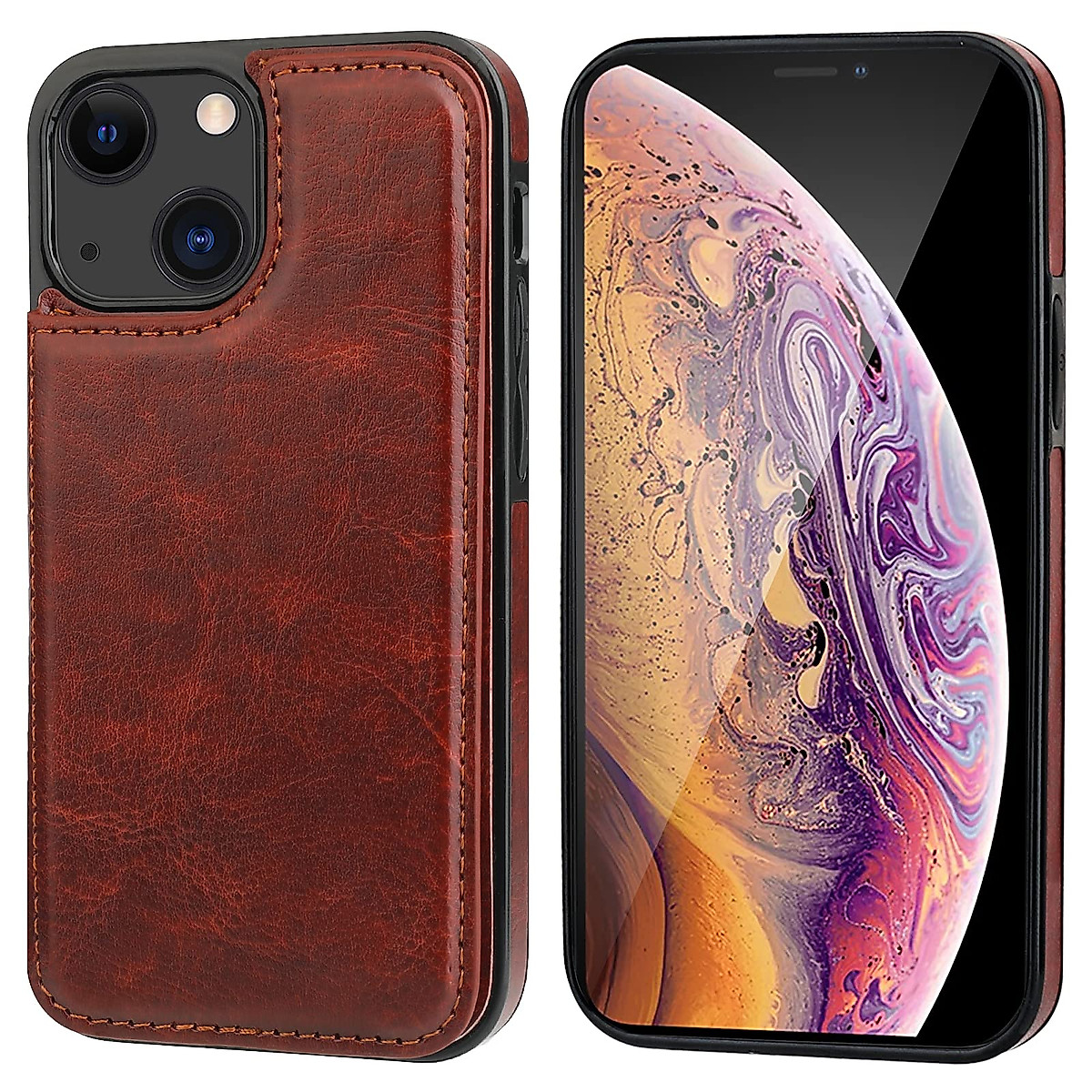 ONETOP Compatible with iPhone 13 Mini Wallet Case with Card Holder, PU Leather Kickstand Card Slots Case, Double Magnetic Clasp and Durable Shockproof Cover 5.4 Inch(Brown)