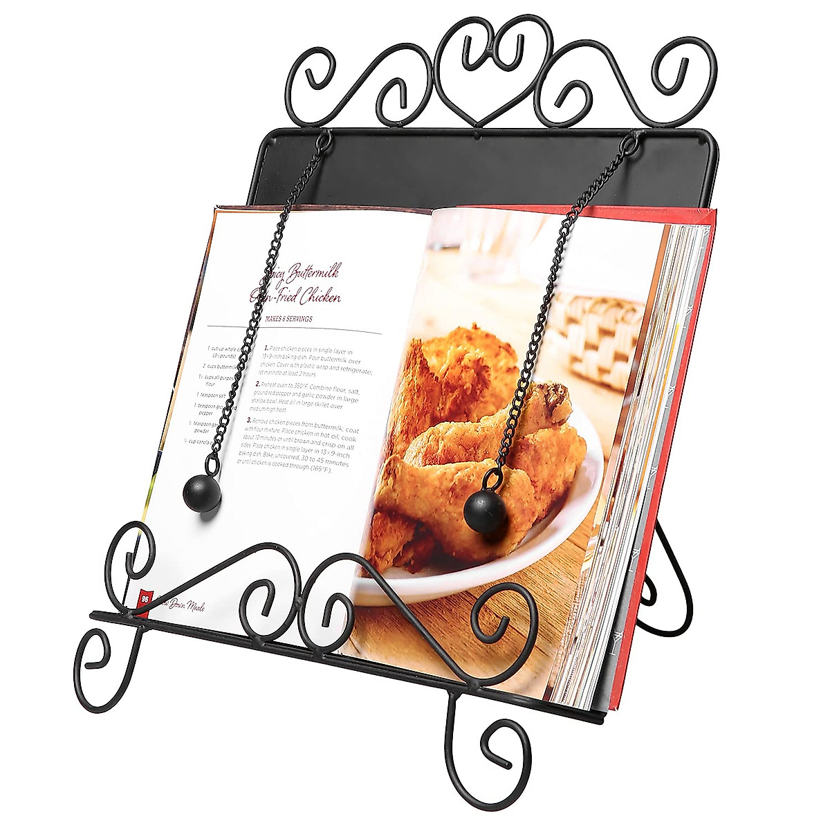 MyGift Black Metal Cookbook Stand for Kitchen Counter, Cookbook Easel Stand with Weighted Page Holder and Vintage Scrollwork Design