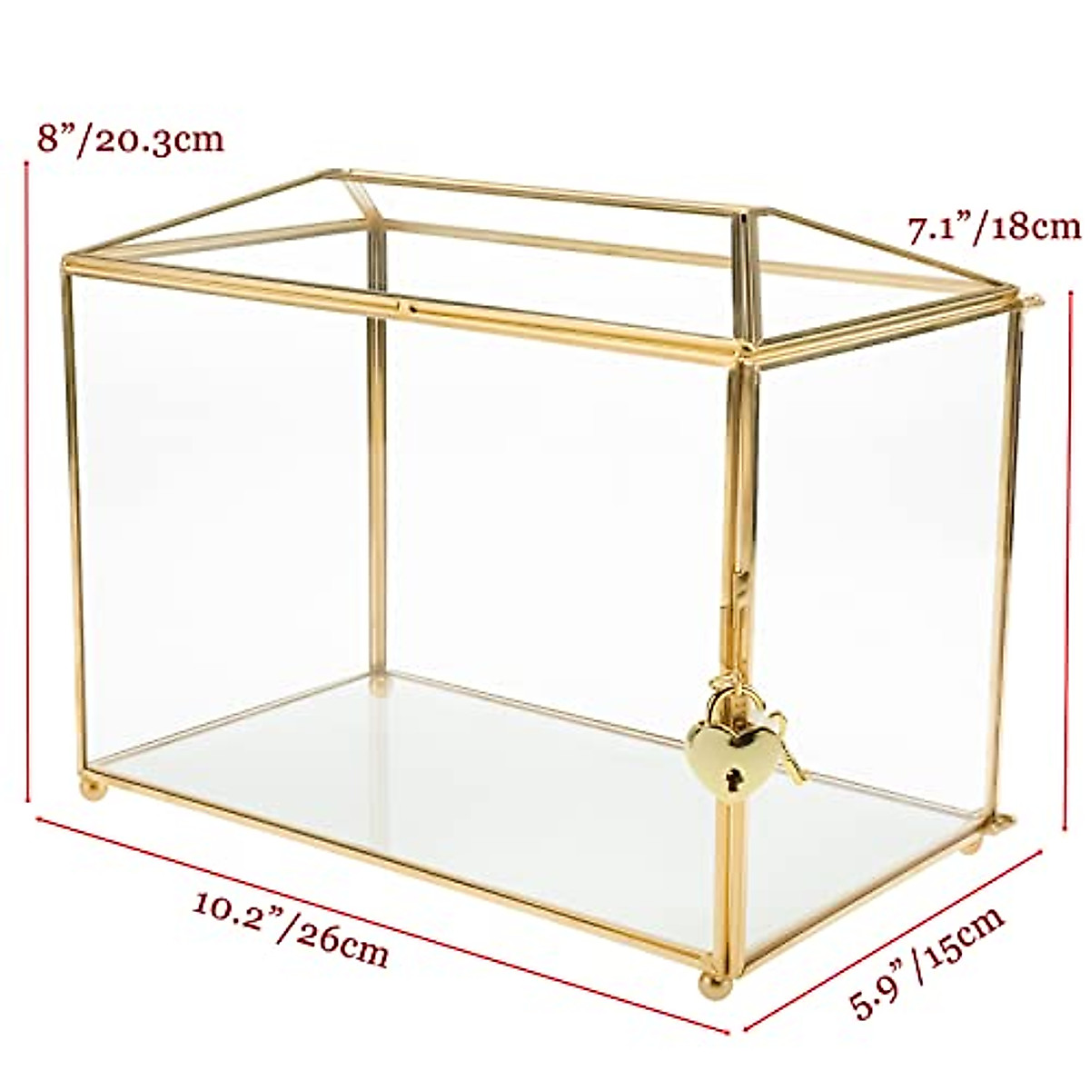 HighFree 10.2" Glass Wedding Card Box with Slot & Lock, Handmade Copper Gold Geometric Terrarium, Clear Display Box for Wedding Reception, Wishwell, Keepsake