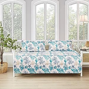 3 Piece Ocean Daybed Cover Set Twin Reversible Daybed Bedding Sets Beach Theme Day Bed Cover Starfish Shell Seaweed Seahorse Printed Bedspread Coverlet for Twin Bed with 2 Standard Shams,39"x75"